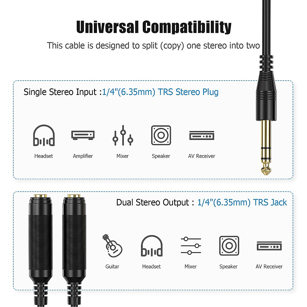 1/4 Splitter, 2 Pack 6.35mm TRS Stereo Headphone Male to 2 Female Splitter Cable, Quarter Inch Y Splitter Adapter UIInosoo for Headphone, Speaker, Guitar, Amplifiers, Mixer, 6 inch