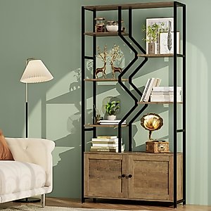 76" Tall Shelf with Storage Cabinet Doors, 6 Tier Open Bookshelf for Multi-use Display, Staggered Book Shelf Etagere Bookcase for Home Office/Living Room, Industrial Deep Metal & Wood, Rustic Brown