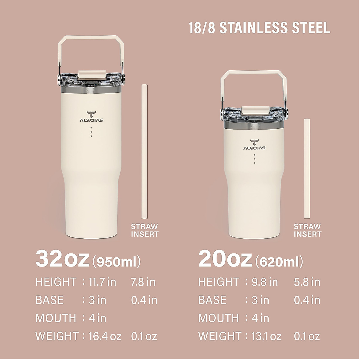 Alwdias Samsta Stainless Steel Tumbler with Handle and Straw | Leakproof Vacuum Insulated Water Bottle | Keep Cold 24H | Cup Holder Friendly Double Walled Travel Mug | 32 oz, White Cream