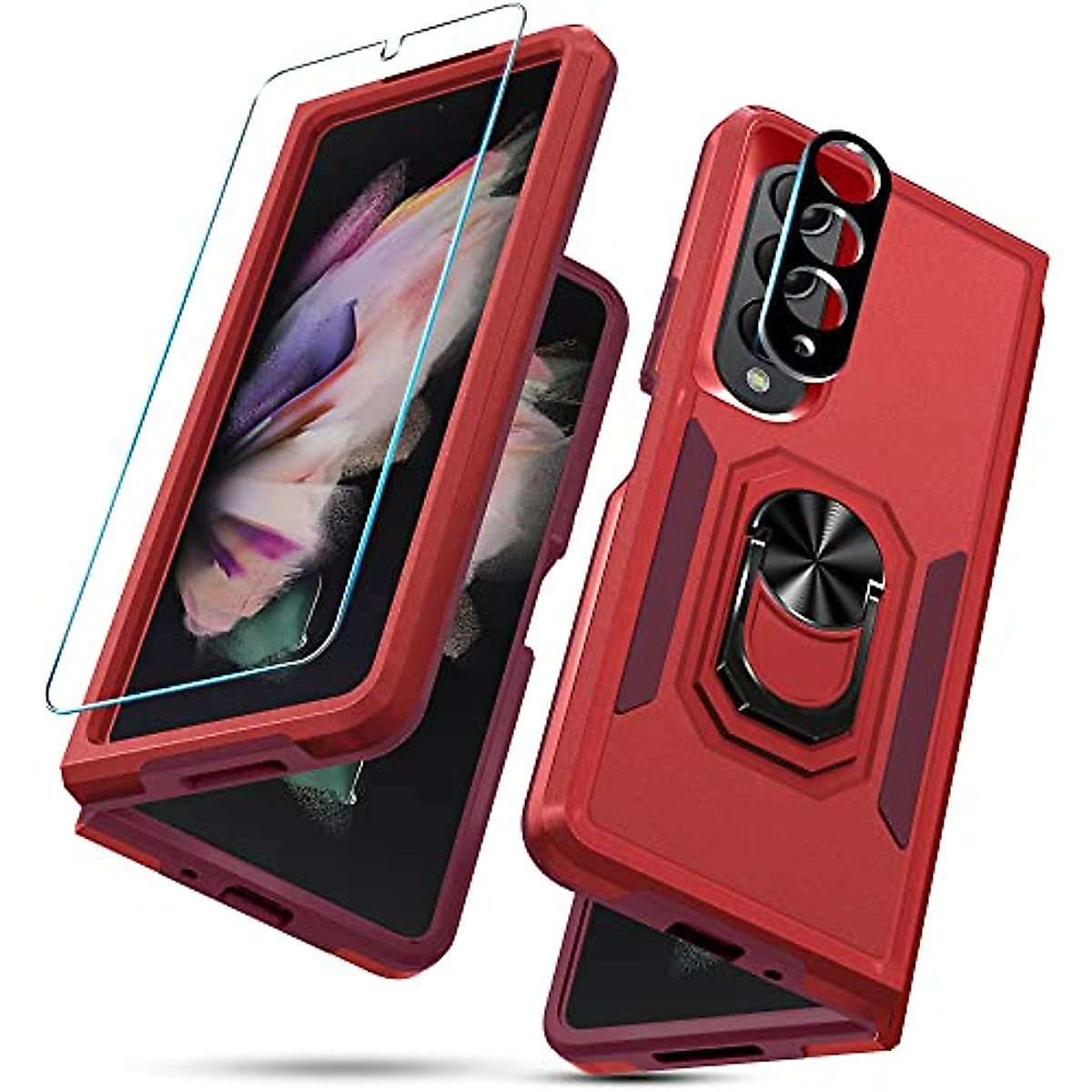 PULEN for Samsung Galaxy Z Fold 4 5G Case with Screen Protector+Camera Lens Protector (3 in 1),Magnetic Metal Ring Kickstand Cover [Military Grade] [Shockproof Protection] Heavy Duty Case -Red