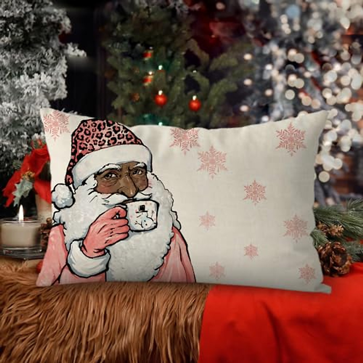 Christmas Pillow Covers 12x20 Inch Set of 4 African American Black Santa Throw Pillows Snowman Pink Christmas Xmas Winter Pillowcase Home Decor Living Room Decorative Cushion Case for Sofa Couch