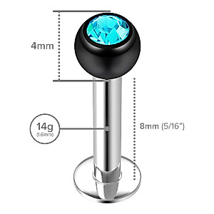 2pc 14g Stainless Steel Labret Studs 14 Gauge 5/16 8mm 4mm Crystal Ball Monroe Earrings Medusa Piercing Jewelry Aquamarine