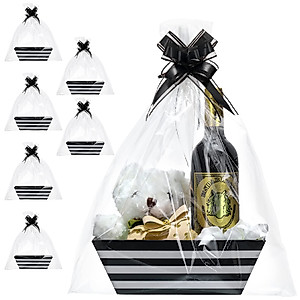 Mimorou 6 Pack Christmas Baskets for Gifts Empty Gift Basket Kit Includes 6 Empty Gift Baskets 6 Clear Gift Bags for Baskets and 10 Pull Bows Gift Packages for Christmas Birthday Party(Black, White)