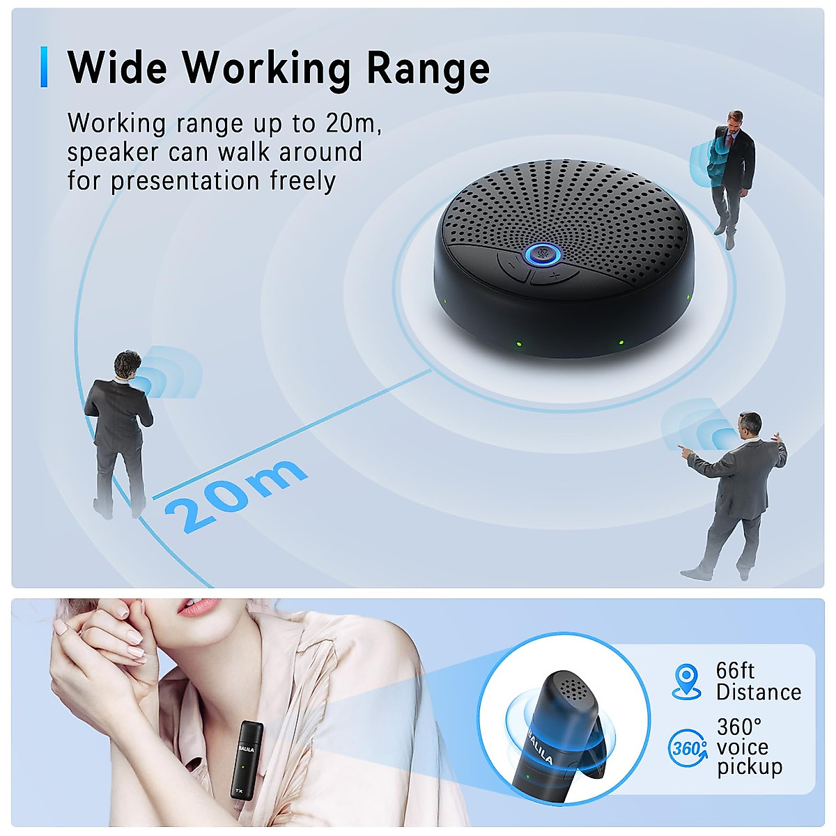 Conference Speakerphone, BALILA Wireless Conference Speaker with 5 Microphones, Portable Omnidirectional Computer Microphone for Streaming, Call Speaker Skype, Webinar, Interview