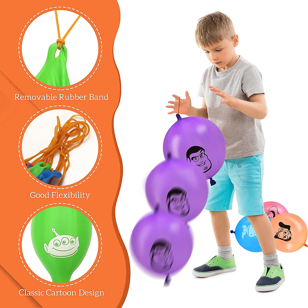 24PCS Story Party Favors Punch Balloons Latex Party Balloons with Rubber Band Handle, Toy Inspired Story Themed Party Supplies for Kids Halloween Prize Punch Game Rewards, 8 Patterns