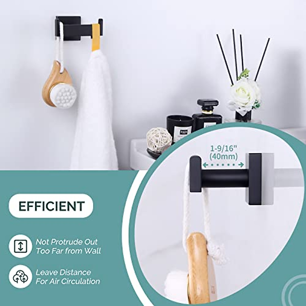 Angle Simple Double Towel Hook Matte Black, SUS304 Stainless Steel Bathroom Robe Holder, Shower Towel Hanger Wall Mounted