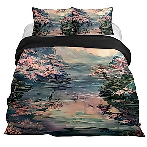 VAPOKF Duvet Covers Set King Size Soft and Breathable Microfiber Comforter Bedding Set 1 Duvet Cover 2 Pillowcase with Zipper Closure for Kids Women Men, Oil Painting Cherry Lake Landscape
