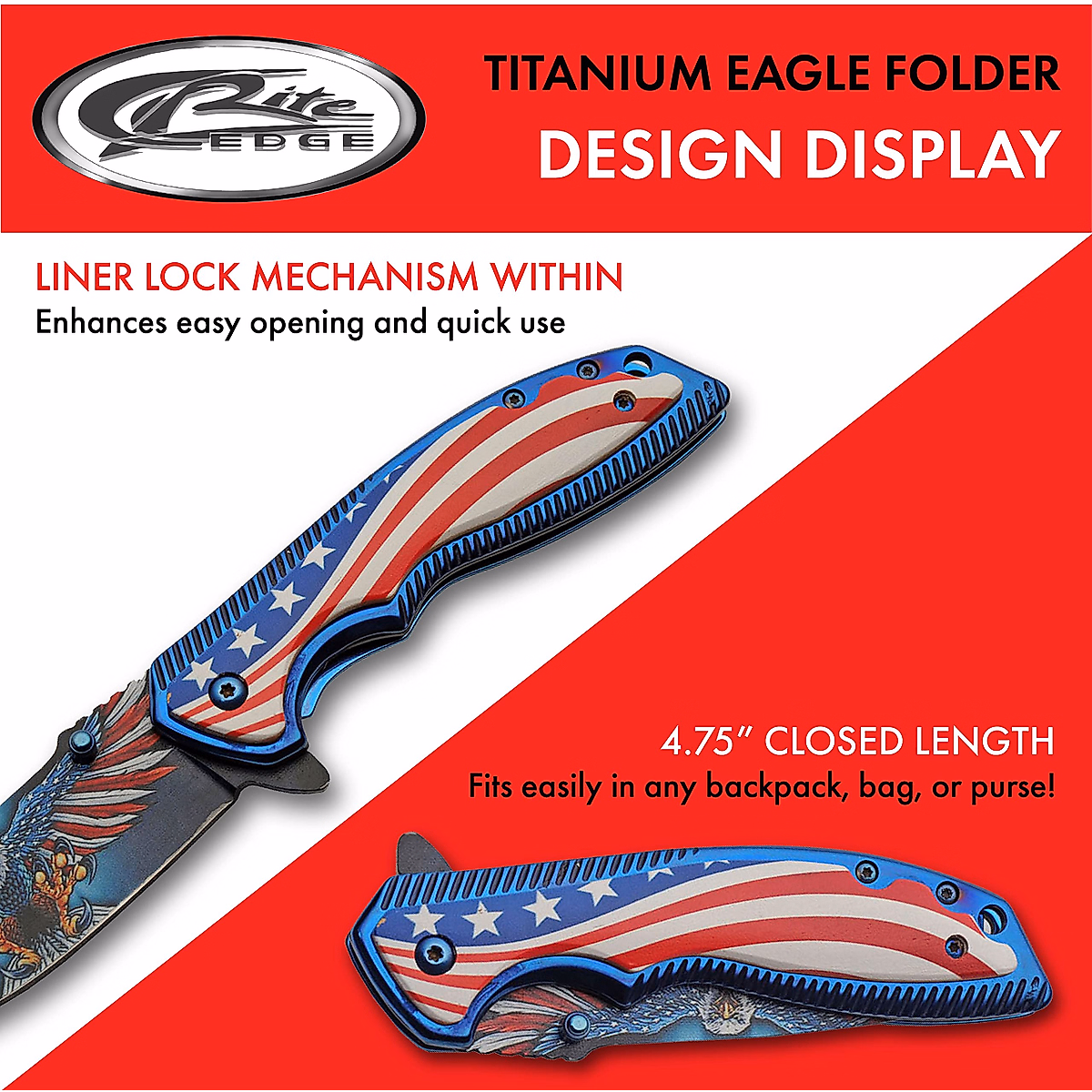 SZCO 8.25” American Eagle Titanium Finished Handled EDC Folding Knife With Pocket Clip, Red, White & Blue (300583)