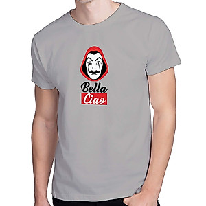 BannerBuzz, Bella Ciao Crew Neck T-Shirt Short Sleeve, Cotton Fabric, Unisex, Digitally Printed, Fabric Warranty for up to 25 Washes (XX-Large, Gray)