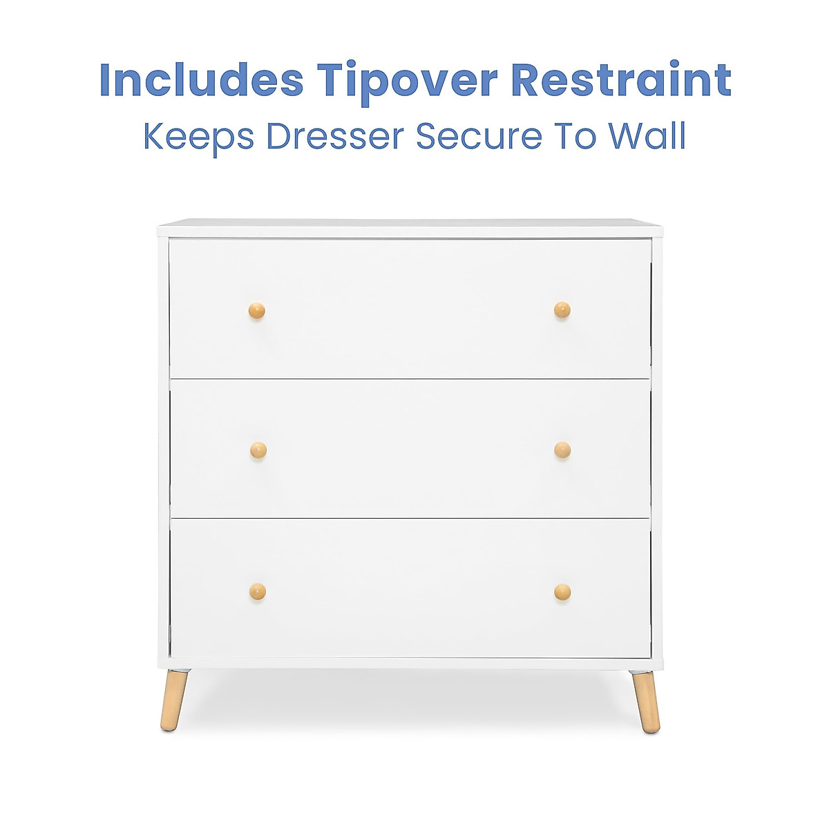 Delta Children Essex 3 Drawer Dresser with Interlocking Drawers, Bianca White/Natural