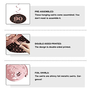 Happy 90th Birthday Party Hanging Swirls Streams Ceiling Decorations, Celebration 90 Foil Hanging Swirls with Cutouts for 90 Years Old Rose Gold Birthday Party Decorations Supplies