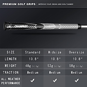 CHAMPKEY Polymer Golf Grips Set of 13 - Choose Between 13 Grips with 15 Tapes and 13 Grips with All Repair Kits (Black&Grey(Repair Kits Included), Midsize)