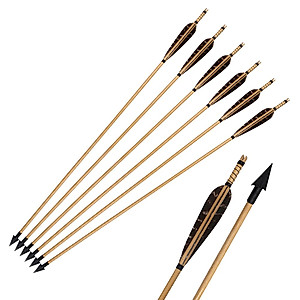 TOPARCHERY Archery Wooden Arrows, 32 inch Traditional Hunting Practice Target Arrow 5 Inch Turkey Feathers Fletching Recurve Bow Longbow(Pack of 6)