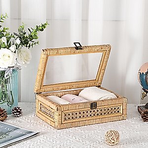 Hipiwe Rattan Display Box with Clear Lid Rectangular Wicker Storage Basket Bin with Metal Secure Latch Handwoven Natural Rattan Decorative Box Small Shelf Organizer Basket for Snacks Remotes