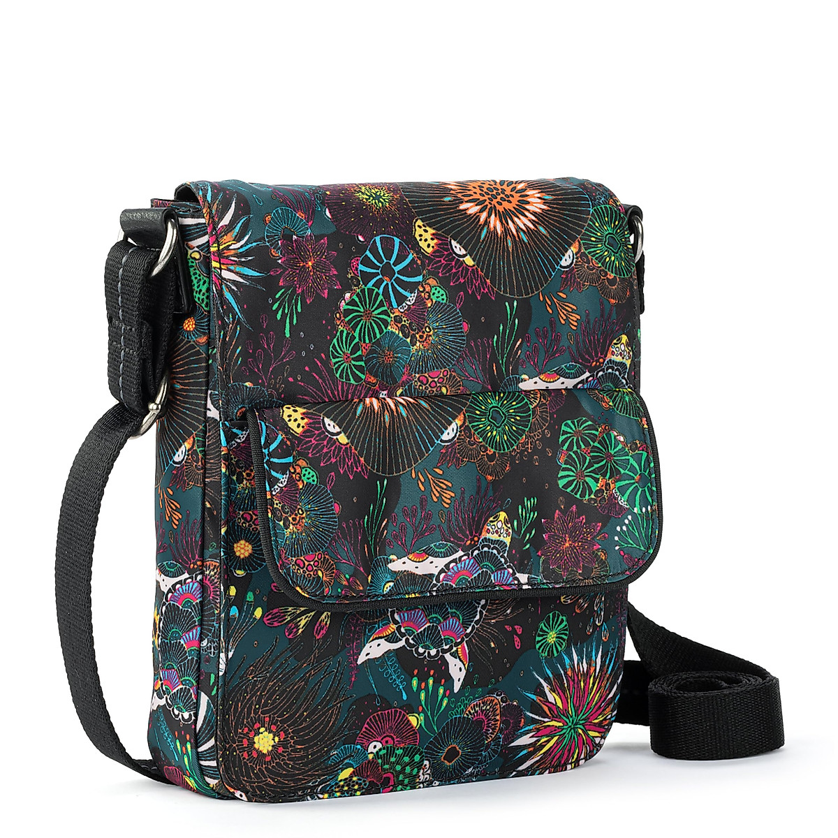 Sakroots On The Go Small Flap Messenger in Eco Twill, Adjustable Crossbody Strap, Rainbow Seascape