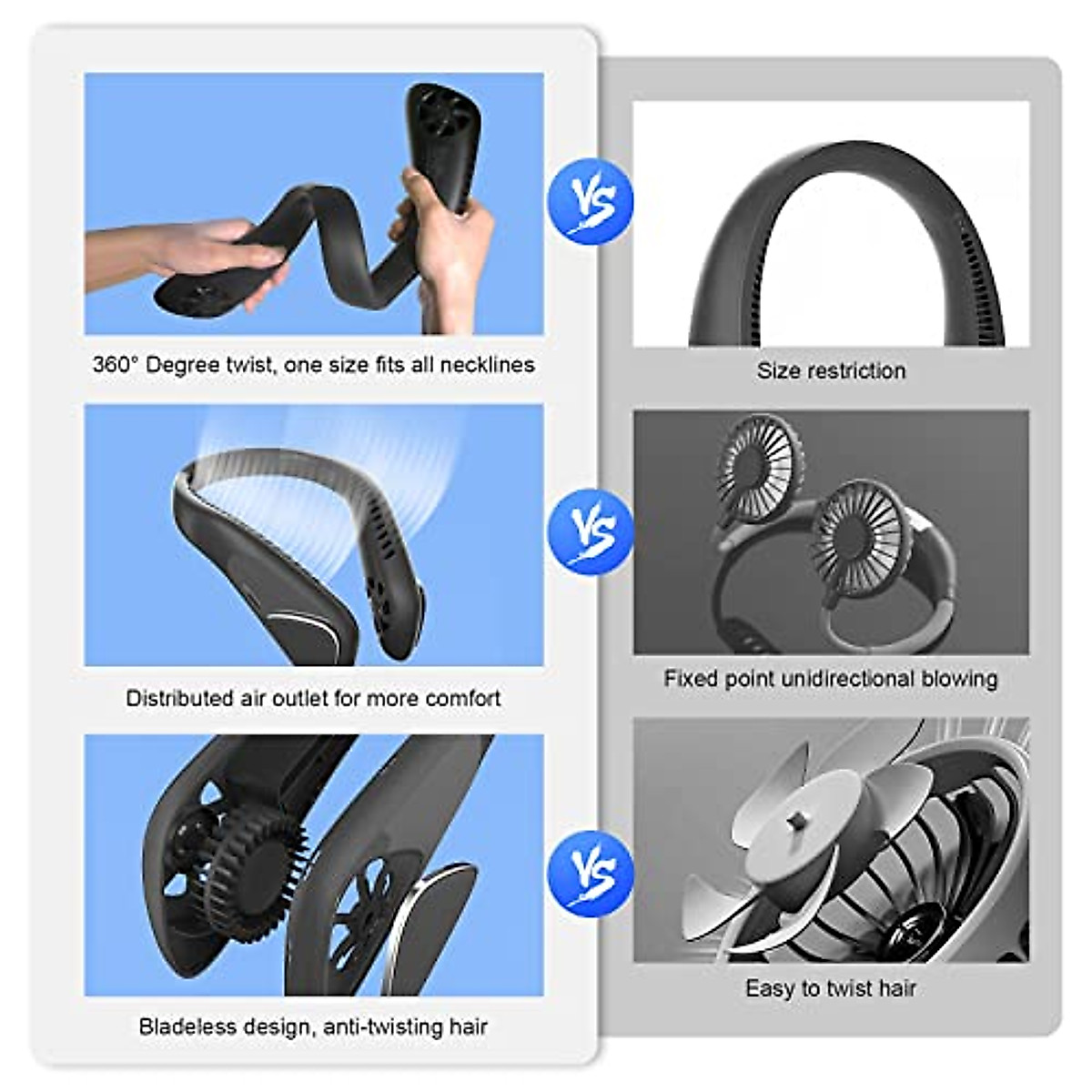 VEAHOOT Bladeless Neck Fan, Hands Free Battery Operated Fans Rechargeable,5000mAh Personal Portable Fan with 360° Cooling,3 Speeds Travel Sports Fan for Outdoor&Indoor(Black)