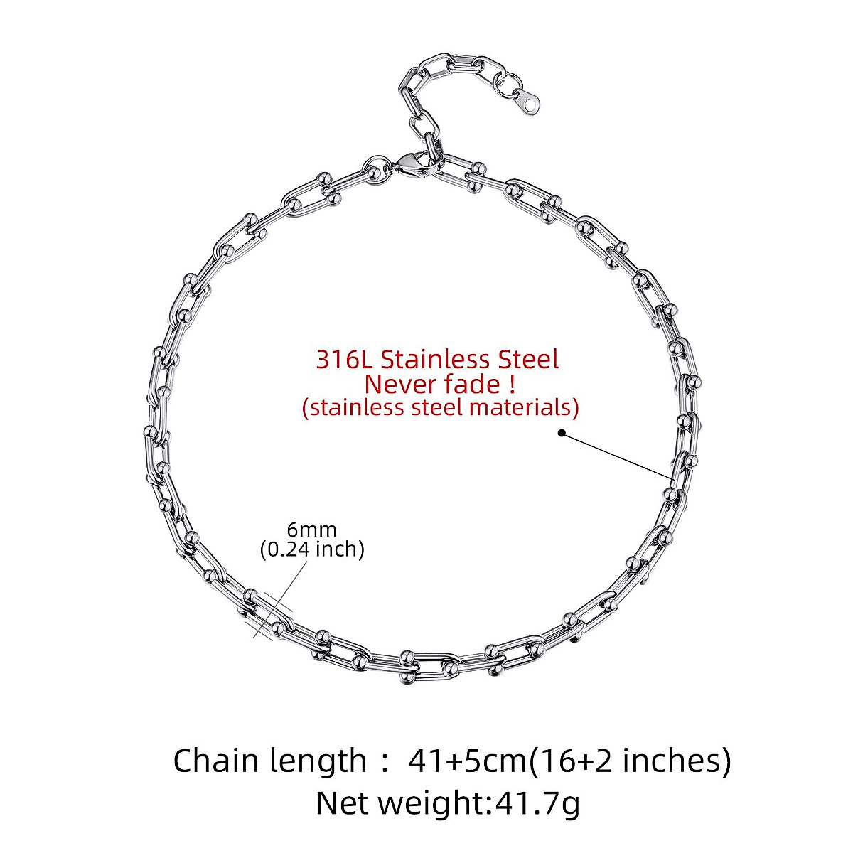 KeyStyle Paperclip Chain Necklace for Women, Stainless Steel Bamboo Link Choker Chains Paper Clip Necklaces for Rapper (16 Inches + 2 Inches)