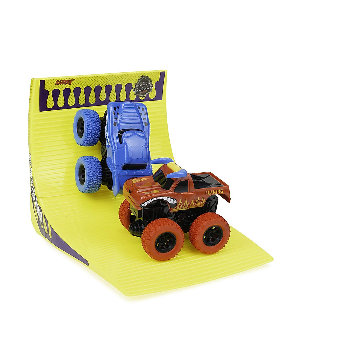 Pack of 2 Friction Powered 4WD Monster Wheel Racer ATV Truck with 360 Backflip Ramp, No Battery Needed, Stunt Racer Cars