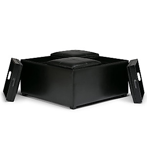 SIMPLIHOME Avalon Wide Contemporary Square Coffee Table Storage Ottoman Vegan Faux Leather, Assembled, for The Living Room and Bedroom, 35 inch, Midnight Black