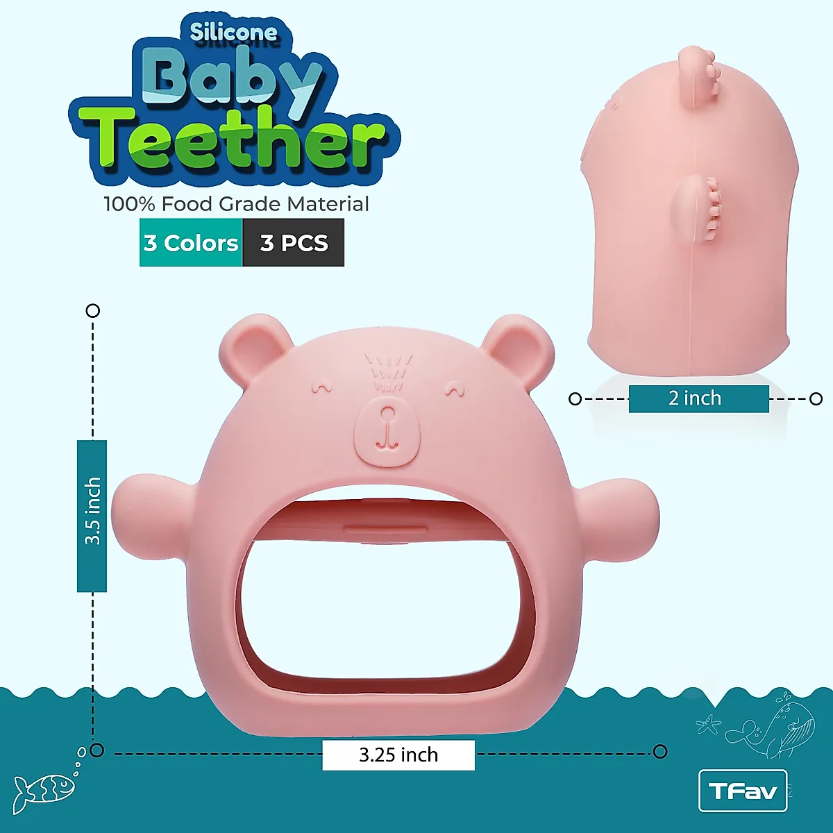 TFav Baby Bear Teether for Babies -3 pcs Pink, Yellow & Red -Silicone Mitten teether for 3 Months+ Boys & Girls -Hand Pacifier That Fits on Fist -Calm Down The Fussy Baby Calm Down Fussy Baby