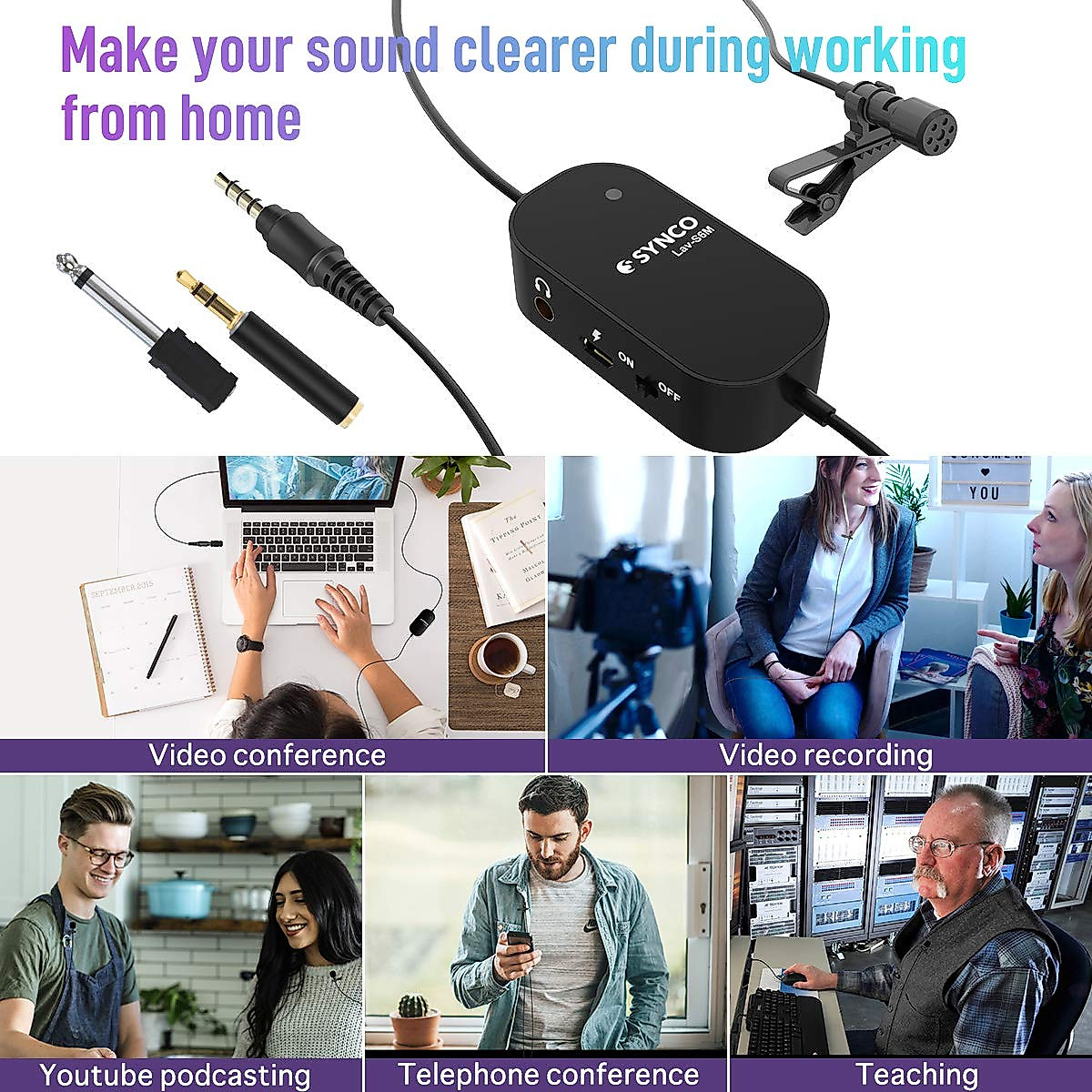 SYNCO Lav-S6M Lavalier Microphone, 3.5mm Audio-Monitor Port Clip-on Condenser Mic Support USB Charging, 6M/19.7 FT Cable Noise Reduction for YouTube, Interview, Conference, Live Broadcast