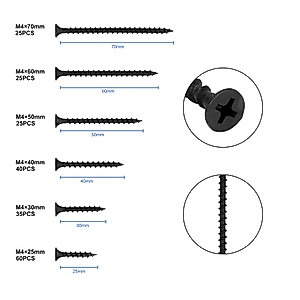 WELLOCKS Drywall Screws 215 PCS M4×25mm to 70mm Wood Screws Self Tapping Assortment Steel Black Bugle Head Coarse Phillips Sharp Point Fast Drilling for Home Handmade Repair Installation(D179)