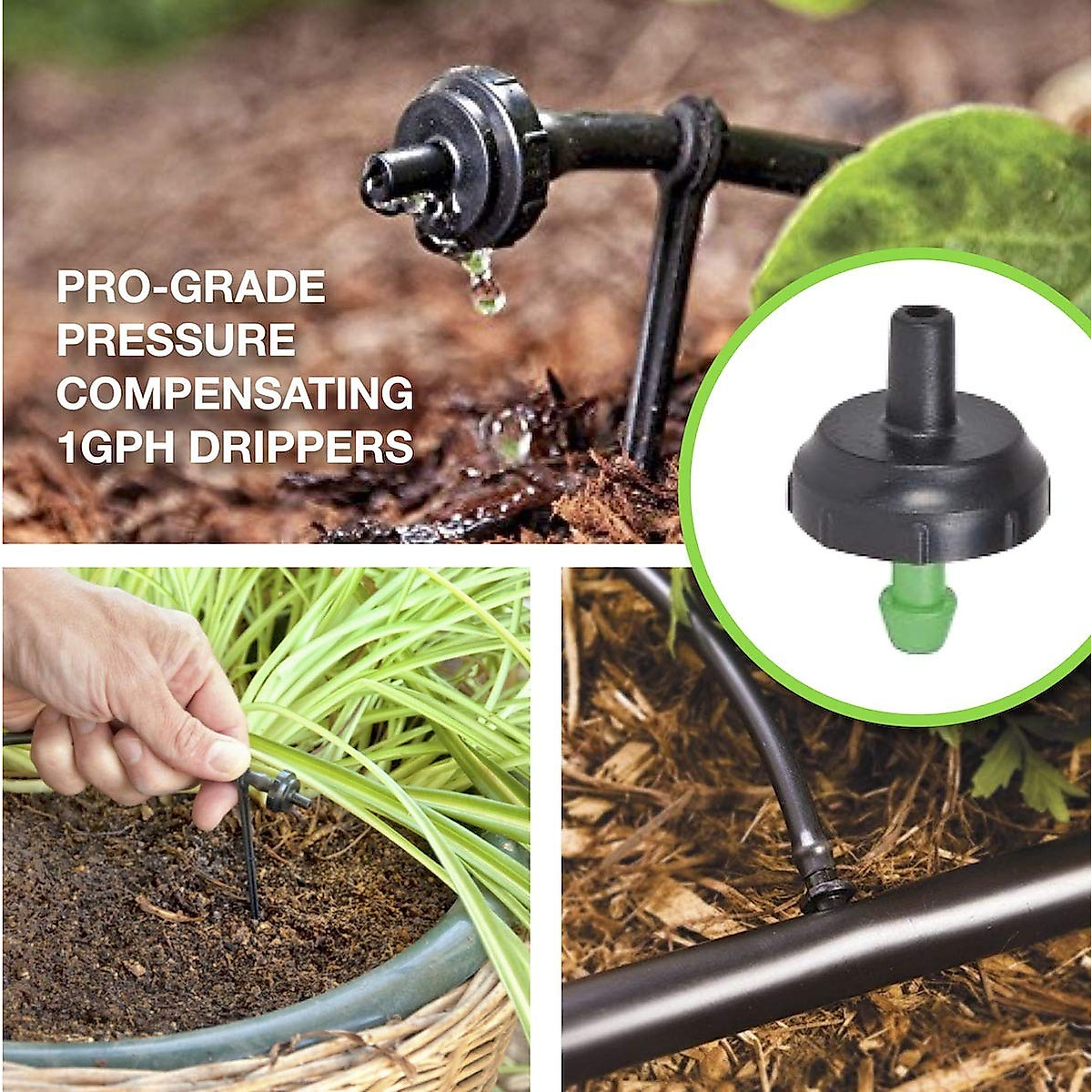 One Stop Outdoor Drip Irrigation 1 GPH PC Button Drip Emitter - Professional Quality Pressure Compensating Barb Dripper (100)