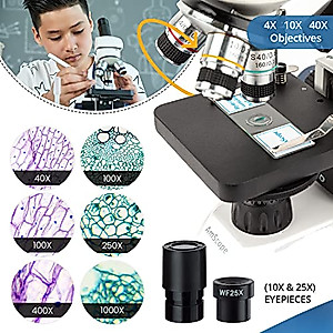 AmScope M158C-2L-E Digital Cordless Compound Monocular Microscope, WF10x and WF25x Eyepieces, 40x-1000x Magnification, Upper and Lower LED Illumination with Rheostat, Brightfield, Single-Lens Condenser, Coaxial Coarse and Fine Focus, Plain Stage, 110V or