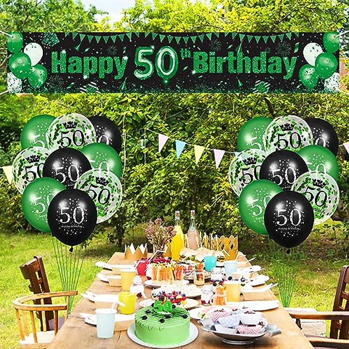 Green and Black 50th Birthday Banner and Balloons - 18pc Set for Indoor/Outdoor Decor