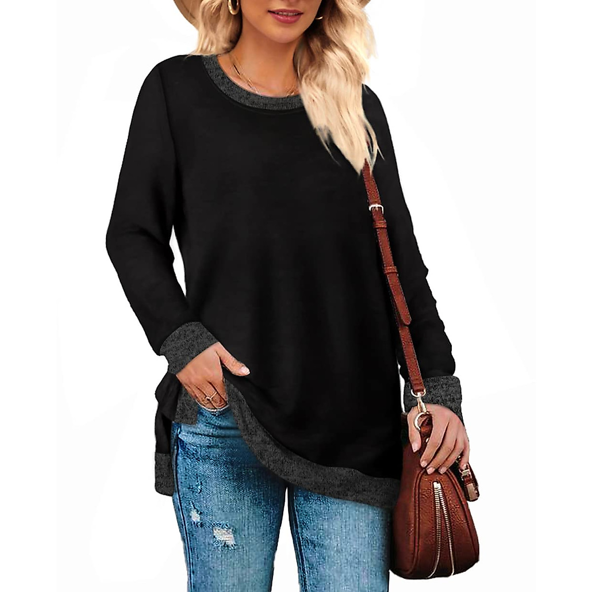 WEESO Long Sweatshirts for Women Pullover Sweaters Tops Round Neck Black Large