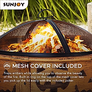 Sunjoy Fire Pit 30 in. Outdoor Wood-Burning Fire Pit, Patio Jack-o-Lantern Motif Round Steel Firepit Large Fire Pits for Outside with Spark Screen and Poker