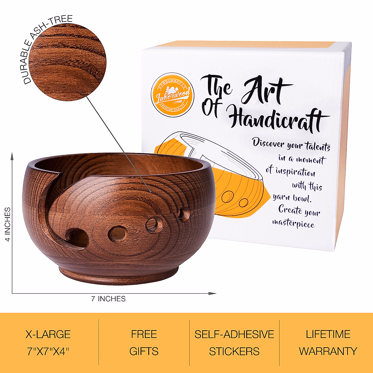 LABORWOOD Large Wooden Yarn Bowl 7"x4" Handmade Ash-Tree Wood Crochet & Knitting Holder Perfect Dispenser for Skeins Balls Knit Accessories Portable Heavy Cat Storage Ideal Gift for Crafters(Chestnut)