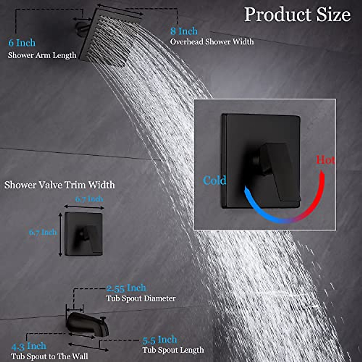SUNZOE Shower Faucet Set with Tub Spout Matte Black Anti-Scald Pressure Balanced Bathtub Shower Faucet Set 8 Inch Shower Head Wall Mounted Rainfall Shower System Rough-in Valve Body Included