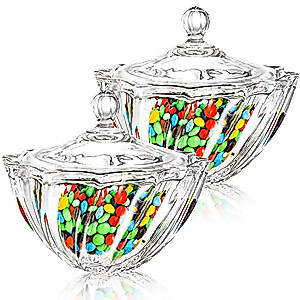 Fasmov 2 Pcs 7.7 inch x 6.7 inch Large Glass Candy Dish with Lid, Covered Decorative Weddings Candy Buffet Food Storage Container Crystal Candy Jar for Home Kitchen Office Table