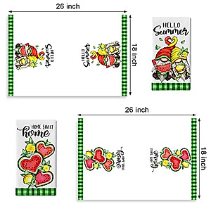 Seliem Hello Summer Gnome Watermelon Lemon Kitchen Dish Towel Set of 2, Buffalo Plaid Check Hand Towel Farmhouse Drying Baking Cooking Cloth, Home Sweet Home Seasonal Kitchen Decor 18x26 Inches