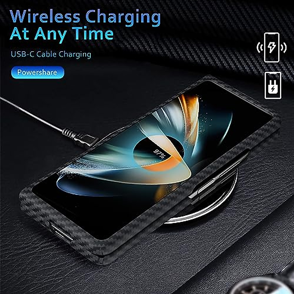 for Samsung Galaxy Z Fold 5 Carbon Fiber Case 7.6" 5G, Slim and Thin Aramid Protective Cover 0.03in 0.4oz, Lightweight, Anti-Scratch Protector, Supports Wireless Charging, Black