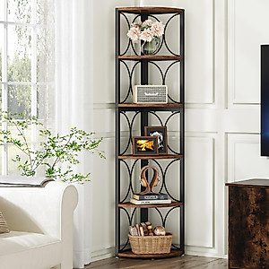 Tribesigns 67 inch Tall Corner Shelf, 6 Tier Rustic Corner Bookshelf Bookcase Storage Rack Standing Shelving Unit for Living Room, Small Space