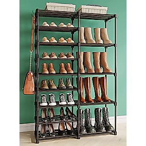 TABIGER 9 Tier Shoe Rack for Entryway 32-35 Pairs, DIY Stackable Metal Shoe Rack for Closet, Sturdy Shoe Organizer for Entryway, Shoe Shelf Closet Shelf Organizer with 4 Hooks, 55.6"x34.6"x12.2"