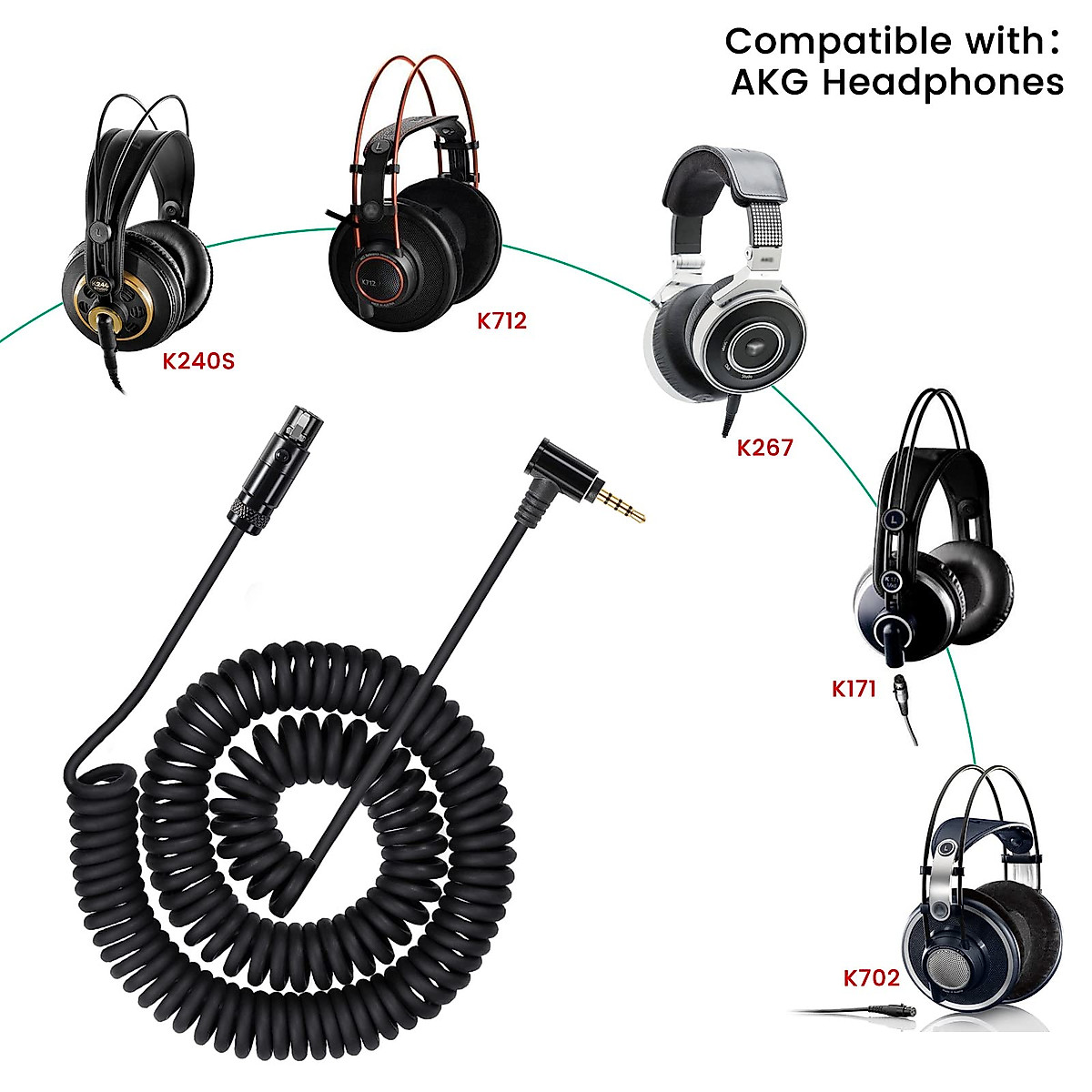 K702 Coiled Audio Cable with 2.5mm Balanced Male Replacement for AKG K240, K240S, Q701 Headsets, Works on M11 Plus, M15, M17 Digital Audio Players 4ft to 14ft