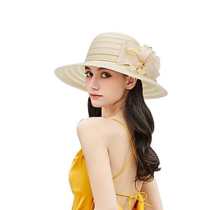 Wide-Brim Kentucky-Organza-Derby-Hat for Women Lady Tea Party Fascinators Cap Church Wedding Cap with Flower Beige