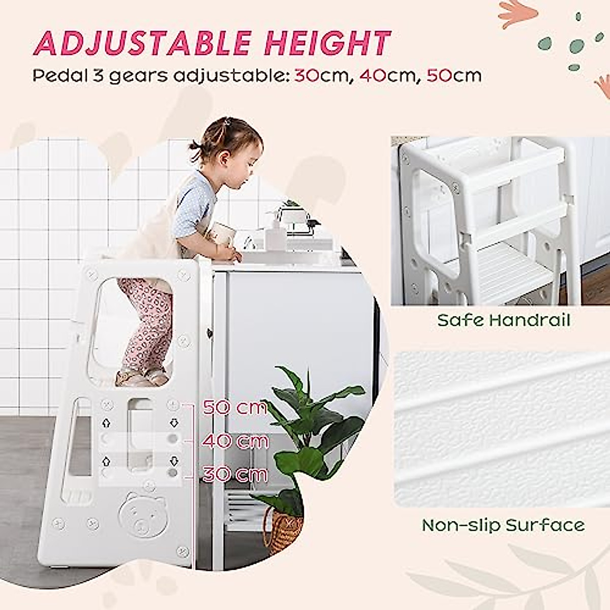 Qaba Toddler Tower with Adjustable Height, Toddler Kitchen Stool Helper with Anti-Slip Mat, Step Stool for Kitchen, Bathroom, White