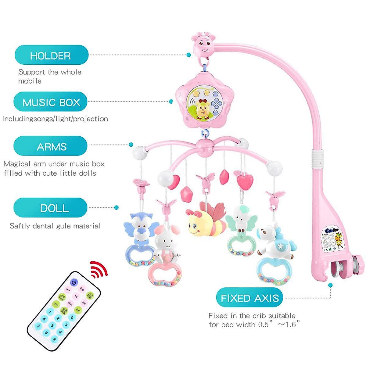 Baby Mobile for Crib with Music and Lights, Remote and Projection. Pack and Play Toys for Ages 0+ Months (Pink-Bee)