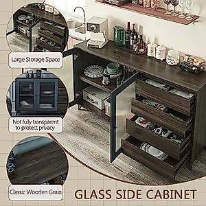 worldchoice Sideboard Buffet Cabinet 63" Wine Bar Cabinet with 4 Drawers & 2 Tempered Glass Doors Coffee Bar Cabinet Console Cabinet with Adjustable Shelf for Living Room Dining Room Kitchen, Grey