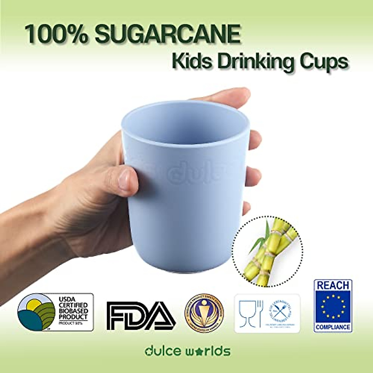 Dulce Worlds SUGARCANE Kids Cup 10 oz - 5 Pack, BPA Free - USDA Certified Toddler Cup - Dishwasher Safe, Reusable, Unbreakable - Multi