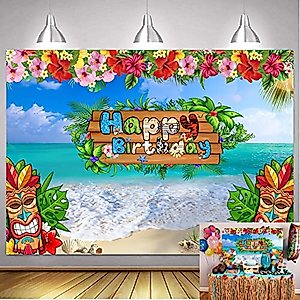 WONDERFUL MEMORIES Polyester Hawaiian Beach Birthday Party Backdrop 7x5ft for Luau Party Decorations Supplies Washable and Wrinkle-Free Tropical Banner Photography Background Blue
