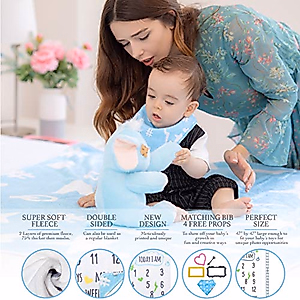 MeBlanky Baby Milestone Blanket-3X Fluffier Newborn Monthly Milestone Blanket-2in1-Swaddle ?n? Photo - 47?x47? Super Soft Fleece First Year Baby Blanket-Blue Photo Blanket for Baby Boys or Girls