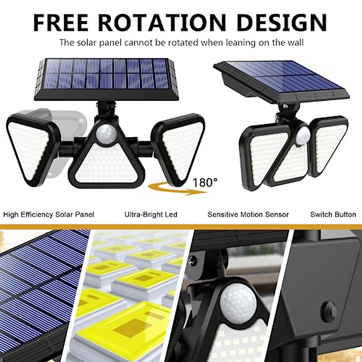 LUSCREAL Solar Lights for Outside, 180LED Motion Sensor Outdoor Lights, 270° Wide Angle Solar Motion Lights Outdoor IP65 Waterproof, 3 Heads Outdoor Solar Security Lights for Garage Yard Patio, 1Pack