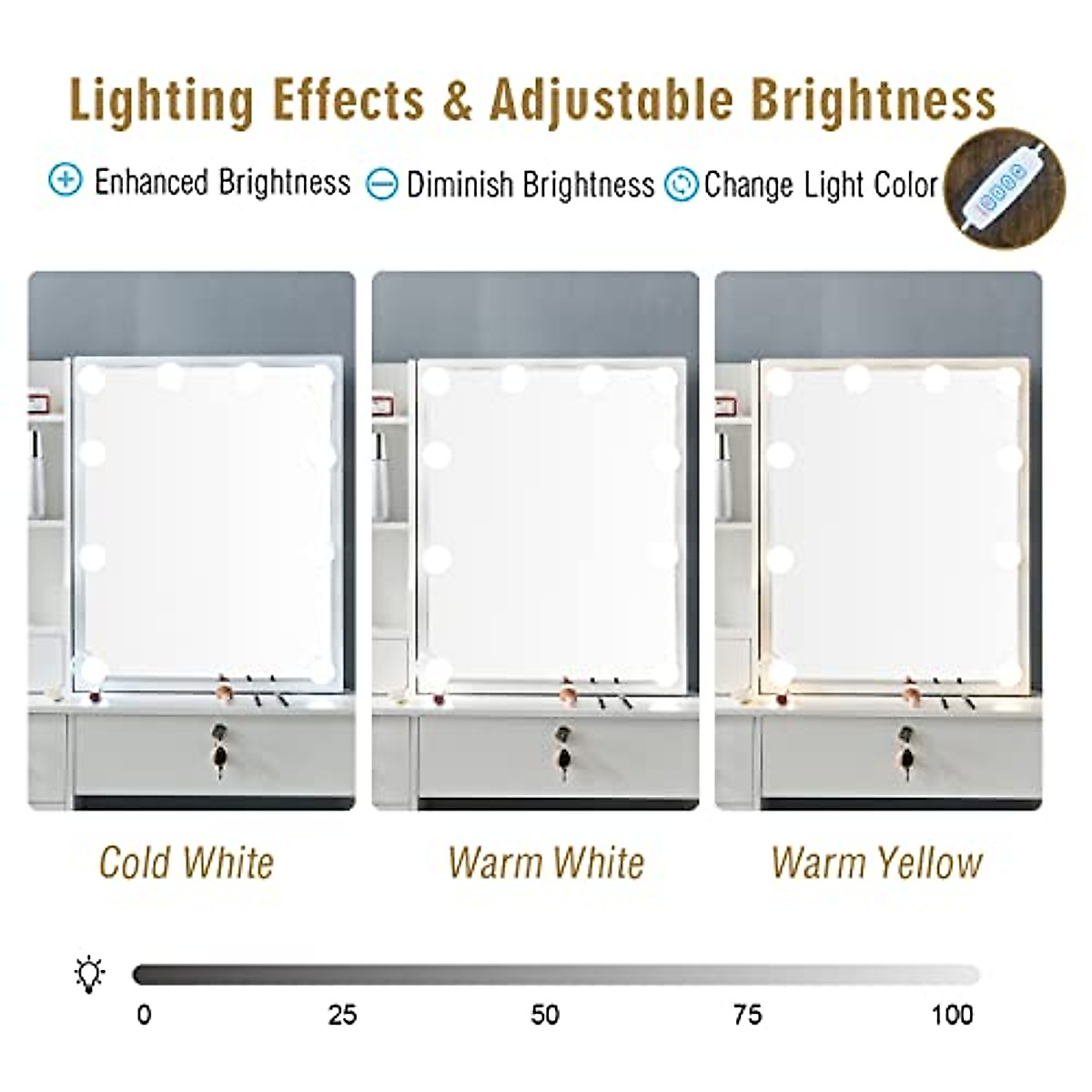 Dradaomull Modern Vanity Table with Chair and Charging Station, White Makeup Dressing Table with Large Mirror 10 Bulbs Dresser Desk for Women Girls