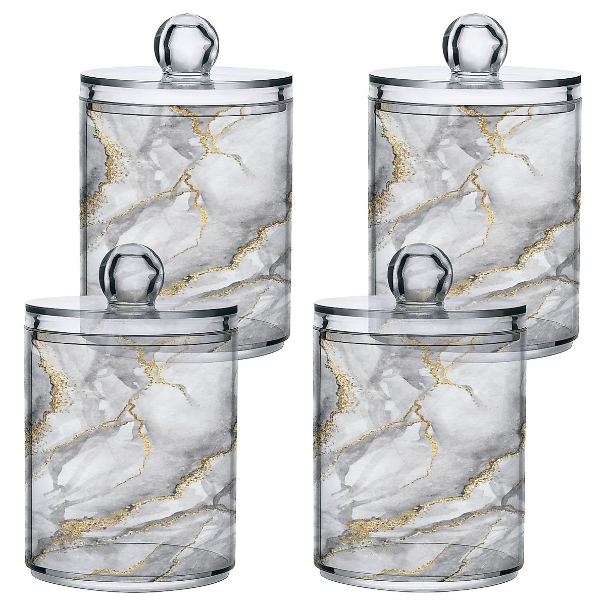 BOENLE 2 Pack Qtip Holder Dispenser White Grey Marble Bathroom Storage Canister Lid Acrylic Plastic Apothecary Jar Set Vanity Makeup Organizer for Cotton Swab/Ball/Round Pads, Floss