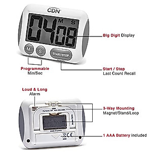 CDN TM15 Kitchen Timer, Extra Large Big Digits, Loud Alarm, Magnetic Backing, Stand- White -